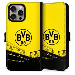 DeinDesign iPhone 16 Pro Handy Klapph&uuml;lle Handyh&uuml;lle aus Kunst Leder schwarz Flip Case Merchandise Bvb Borussia Dortmund Sideflip mit Lasche