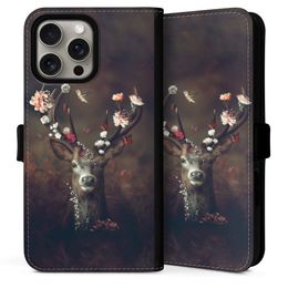 DeinDesign iPhone 16 Pro Handy Klapph&uuml;lle Handyh&uuml;lle aus Kunst Leder schwarz Flip Case Reindeer Flowers Rehe Sideflip mit Lasche