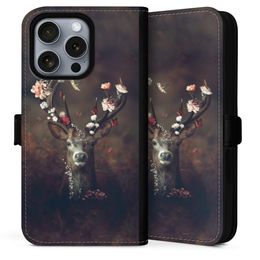 DeinDesign iPhone 16 Pro Max Handy Klapph&uuml;lle Handyh&uuml;lle aus Kunst Leder schwarz Flip Case Reindeer Flowers Rehe Sideflip mit Lasche