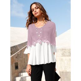 WITT Damen V-Shirt mit Volants an den &Auml;rmeln, mauve-wei&szlig;, Gr&ouml;&szlig;e 40