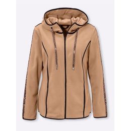 WITT Damen Fleecejacke mit gemusterten Zierb&auml;ndern, camel-schwarz, Gr&ouml;&szlig;e 42