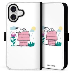 DeinDesign iPhone 16 Handy Klapph&uuml;lle Handyh&uuml;lle aus Kunst Leder schwarz Flip Case Snoopy Dog Official Licensed Product Sideflip mit Lasche