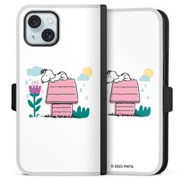 DeinDesign iPhone 15 Handy Klapph&uuml;lle Handyh&uuml;lle aus Kunst Leder schwarz Flip Case Snoopy Dog Official Licensed Product Sideflip mit Lasche