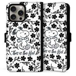DeinDesign iPhone 16 Pro Handy Klapph&uuml;lle Handyh&uuml;lle aus Kunst Leder schwarz Flip Case Peanuts Flowers Snoopy Sideflip mit Lasche