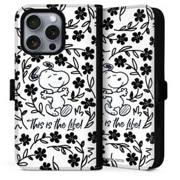 DeinDesign iPhone 16 Pro Max Handy Klapph&uuml;lle Handyh&uuml;lle aus Kunst Leder schwarz Flip Case Peanuts Flowers Snoopy Sideflip mit Lasche
