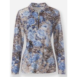 WITT Damen Poloshirt mit Bl&uuml;ten-Tierfell-Muster, bleu-sesam-bedruckt, Gr&ouml;&szlig;e 38