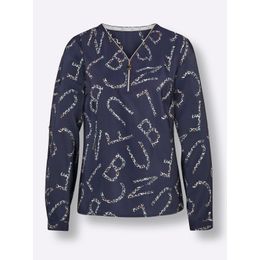 CREATION L PREMIUM Witt Damen Druckbluse mit Lettering- und Leo-Dessin, marine-sand-bedruckt, Gr&ouml;&szlig;e 50