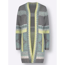 WITT Damen Longstrickjacke im Jacquard-Muster-Mix, kalkmint-grau-gemustert, Gr&ouml;&szlig;e 36