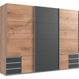 Schwebetürenschrank wimex "Emden" Schränke Gr. B/H/T: 270cm x 210cm x 64cm, 3 St., grau (plankeneichefarben/ graphitfarben) Mit Außenschubkästen