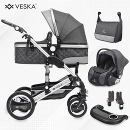 VESKA® 3 in 1 Kombi-Kinderwagen Buggy Reisebuggy inkl. Auto- Babyschale Jogger Faltbar - Silber - anthrazit/anthrazit