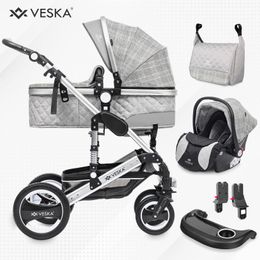 VESKA® 3 in 1 Kombi-Kinderwagen Buggy Reisebuggy inkl. Auto- Babyschale Jogger Faltbar - Silber - grau/kariert