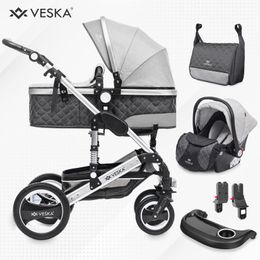 VESKA® 3 in 1 Kombi-Kinderwagen Buggy Reisebuggy inkl. Auto- Babyschale Jogger Faltbar - Silber - anthrazit/grau