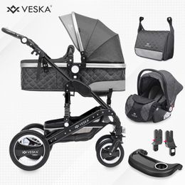 VESKA® 3 in 1 Kombi-Kinderwagen Buggy Reisebuggy inkl. Auto- Babyschale Jogger Faltbar - Schwarz - anthrazit/anthrazit