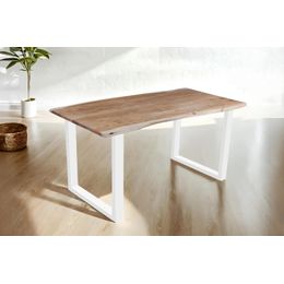 Esstisch Baumkante Akazie massiv eichenfarben 180 x 90 cm U-Gestell weiß DEREK