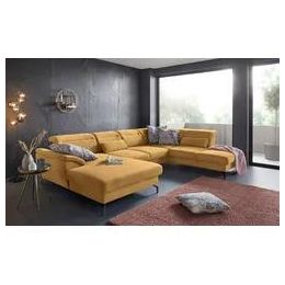 Sit & More Wohnlandschaft SIT & MORE "Percy U-Form" Sofas Gr. B/H/T: 343cm x 80cm x 235cm, Luxus-Microfaser Paris, Recamiere links, mit schwarzem Nickelfuß, gelb (mustard) 15 cm Fußhöhe, Sitztiefenverstellung, wahlweise in 2 Fußfarben