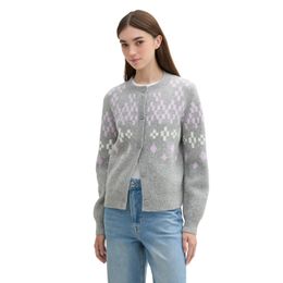 Cardigan Tom Tailor Denim Gr. L (40), grau (grey lilac fair isle design) Damen Strickjacken mit Knopfleiste und Jaquard-Muster