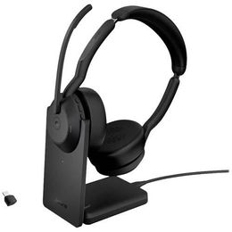 Jabra Evolve 2 55 MS Stereo Computer On Ear Headset Bluetooth® Stereo Schwarz Noise Cancelling, Mikrofon-Rauschunterdrückung inkl. Lade- und Dockingstation