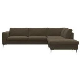 Ecksofa FLEXLUX "Fiore, super Sitzkomfort durch Kaltschaum im Sitz, L-Form" Sofas Gr. B/H/T: 273cm x 85cm x 225cm, Lederoptik, Ottomane rechts, braun (camel brown) breite Armlehnen, Füße Alu