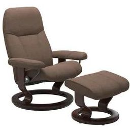 Relaxsessel stressless "Consul" Sessel Gr. ROHLEDER Stoff Q2 FARON, Classic Base Braun, PlusTMSystem-Gleitsystem-Relaxfunktion-Drehfunktion-Kopfstützenverstellung-Rückteilverstellung, B/H/T: 85cm x 100cm x 77cm, braun (dark beige q2 faron) mit Hocker, Classic Base, Größe L, Gestell Braun