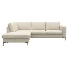 Ecksofa FLEXLUX "Fiore, L-Form" Sofas Gr. B/H/T: 241cm x 85cm x 225cm, Echtleder, Ottomane links, weiß (warm weiß) breite Armlehnen, Füße AluEiche, BT 241225 cm, Kaltschaum im Sitz