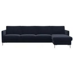 Ecksofa FLEXLUX "Fiore, L-Form, bequem und komfortabel durch hochwertigem Sitzaufbau" Sofas Gr. B/H/T: 280cm x 85cm x 159cm, Velvet, Chaiselongue rechts, blau (royal blau) schmale Armlehnen, Kaltschaum, Füße Alu