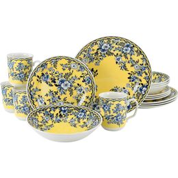 Kombiservice Creatable "Geschirr-Set Ming Flower", blau (blau, gelb), 16 tlg., Steingut, Geschirr-Sets, Service, traditionelle, fernöstliche Motive, 16 Teile, für 4 Personen