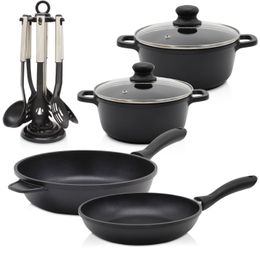 Krüger Pfannen-Set KRÜGER "Aluguss Topf- und Pfannenset LEIPZIG inkl. Küchenhelfern, 13 tlg.", schwarz, Ø:28cm, Pfannen, inkl. 7-tlg. Küchenhelfer-Set
