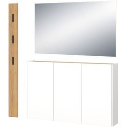 Garderoben-Set Germania "GW-Libbiano" Kastenmöbel-Sets Gr. B/H/T: 166 cm x 200 cm x 25 cm, Mehrzweckschrank 87cm hoch, Griffloses Design mit Balkonoptik-Mehrzweckschrank mit Türdämpfung-Wandmontage erforderlich-Rechteckiger Spiegel-Garderobenpaneel mit 3 Klapphaken aus Metall, weiß (weiß, navarra, eiche, nachbildung) Garderoben-Set bestehend aus Mehrzweckschrank, Spiegel und Paneel