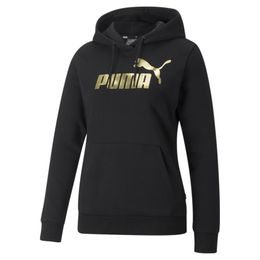 Kapuzensweatshirt Puma "ESS+ METALLIC LOGO HOODIE FL" Gr. S (34), schwarz (Puma schwarz, gold foil), Damen, Fleece, Obermaterial: 68% Baumwolle, 32% Polyester, unifarben, Sweatshirts