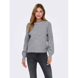 Rundhalspullover Only "ONLGAIDA LIFE LS EMB O-NECK CC KNT" Gr. L (40), grau (medium grey melange detail:silver rhinestones) Damen Pullover