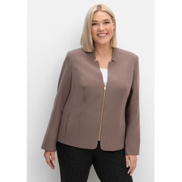 Jackenblazer sheego "Große Größen", Damen, Gr. 46, grau (dunkeltaupe), Obermaterial: 90% Polyester, 10% Elasthan;Futter: 100% Polyester, unifarben, klassisch, figurbetont normal, Langarm, Blazer, mit Stehkragen und Kontrast-Zipper