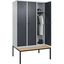 C+P Spind Classic PLUS Sitzbank, 3 Abteile, lichtgrau / grau, B 1200 mm, Sicherheits-Drehriegel, untergebaut, Buche-Hartholz