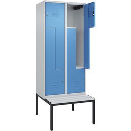 C+P Z-Spind Classic PLUS Sitzbank, 2 Abteile, lichtgrau / lichtblau, B 800 mm, Zylinderschloss, untergebaut, Kunststoff