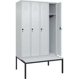 C+P Spind Classic PLUS Sitzbank, 4 Abteile, lichtgrau, B 1200 mm, Sicherheits-Drehriegel, untergebaut, Kunststoff