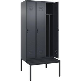 C+P Schwarz-Weiß-Spind Classic PLUS Sitzbank, schmal, 3 Abteile, Trennwand verkürzt, grau, B 900 mm, Sicherheits-Drehriegel, untergebaut, Kunststoff
