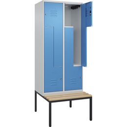 C+P Z-Spind Classic PLUS Sitzbank, 2 Abteile, lichtgrau / lichtblau, B 800 mm, Zylinderschloss, untergebaut, Buche-Hartholz