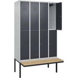 C+P Doppelstock-Spind Classic PLUS Sitzbank, 4 Abteile, lichtgrau / grau, B 1200 mm, Zylinderschloss, auskragend, Buche-Hartholz