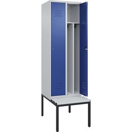 C+P Schwarz-Weiß-Spind Classic PLUS Sitzbank, schmal, 2 Abteile, Trennwand verkürzt, lichtgrau / enzianblau, B 600 mm, Zylinderschloss, untergebaut, Kunststoff