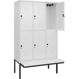 C+P Doppelstock-Spind Classic PLUS Sitzbank, 3 Abteile, verkehrsweiß, B 1200 mm, Sicherheits-Drehriegel, auskragend, Kunststoff