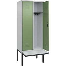 C+P Spind Classic PLUS Sitzbank, 2 Abteile, lichtgrau / resedagrün, B 800 mm, Zylinderschloss, auskragend, Kunststoff
