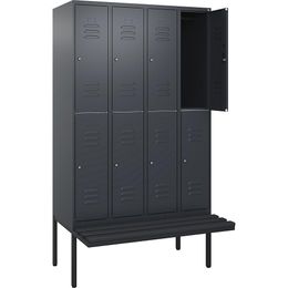 C+P Doppelstock-Spind Classic PLUS Sitzbank, 4 Abteile, grau, B 1200 mm, Zylinderschloss, auskragend, Kunststoff