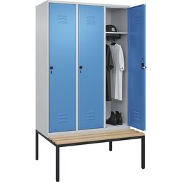C+P Spind Classic PLUS Sitzbank, 3 Abteile, lichtgrau / lichtblau, B 1200 mm, Sicherheits-Drehriegel, untergebaut, Buche-Hartholz