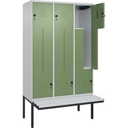 C+P Z-Spind Classic PLUS Sitzbank, 3 Abteile, lichtgrau / resedagrün, B 1200 mm, Sicherheits-Drehriegel, auskragend, Kunststoff