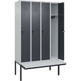 C+P Spind Classic PLUS Sitzbank, 4 Abteile, lichtgrau / grau, B 1200 mm, Sicherheits-Drehriegel, auskragend, Kunststoff