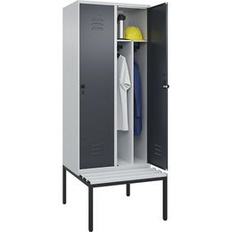 C+P Schwarz-Weiß-Spind Classic PLUS Sitzbank, schmal, 2 Abteile, Trennwand verkürzt, lichtgrau / grau, B 800 mm, Sicherheits-Drehriegel, untergebaut, Kunststoff