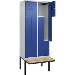 C+P Z-Spind Classic PLUS Sitzbank, 2 Abteile, lichtgrau / enzianblau, B 800 mm, Zylinderschloss, auskragend, Buche-Hartholz
