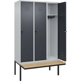 C+P Spind Classic PLUS Sitzbank, 3 Abteile, lichtgrau / grau, B 1200 mm, Sicherheits-Drehriegel, auskragend, Buche-Hartholz