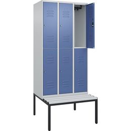 C+P Doppelstock-Spind Classic PLUS Sitzbank, 3 Abteile, lichtgrau / fernblau, B 900 mm, Zylinderschloss, untergebaut, Kunststoff