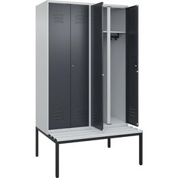 C+P Schwarz-Weiß-Spind Classic PLUS Sitzbank, 2 Abteile, lichtgrau / grau, B 1200 mm, Zylinderschloss, untergebaut, Kunststoff