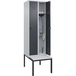 C+P Spind Classic PLUS Sitzbank, 2 Abteile, lichtgrau / grau, B 600 mm, Sicherheits-Drehriegel, untergebaut, Kunststoff